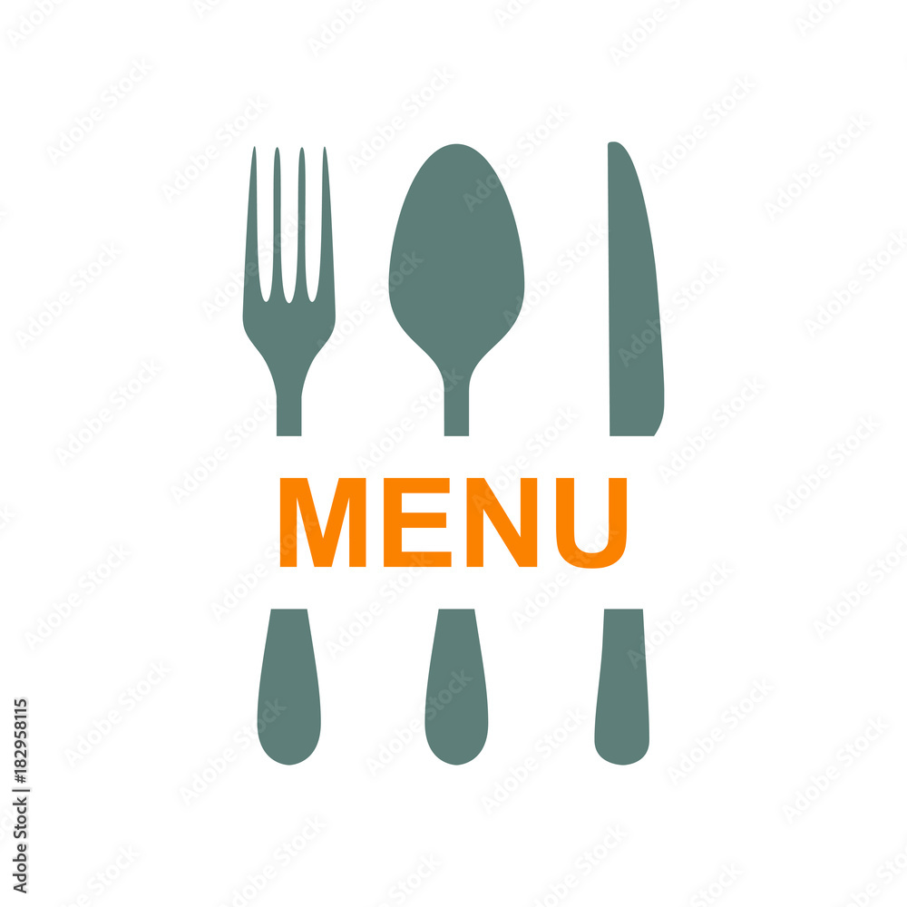 Logotipo MENU naranja y cubiertos gris en fondo blanco vector de Stock ...