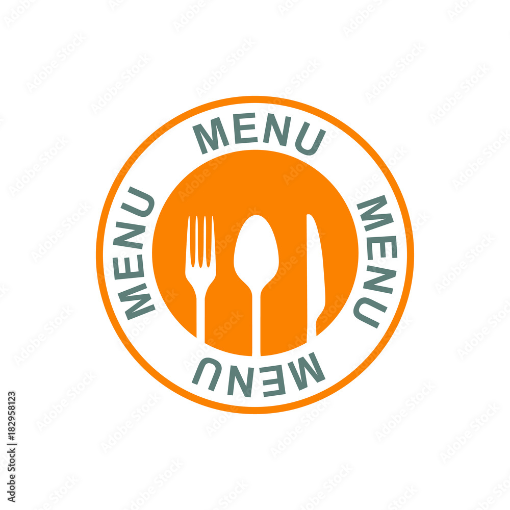 Logotipo MENU gris con cubiertos en circulo naranja en fondo blanco ...