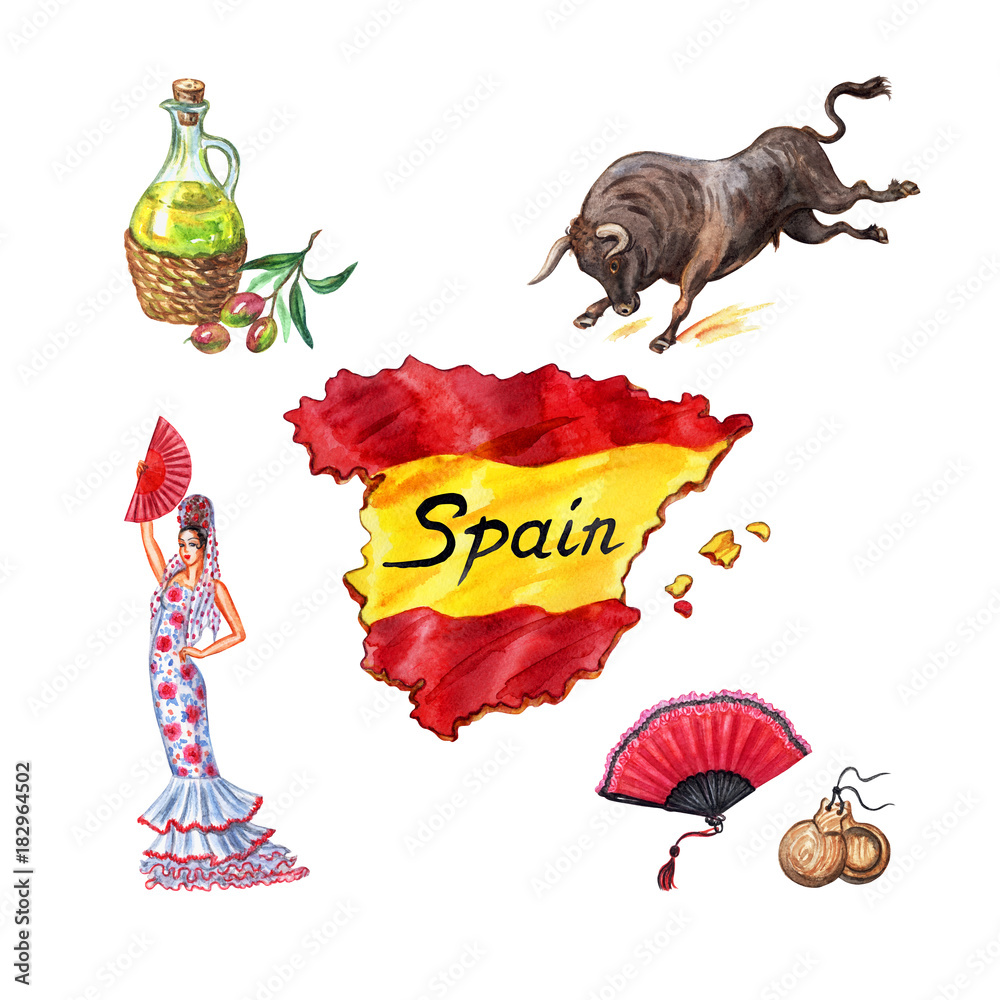 Spain and its symbols, watercolor set on a white background with ...
