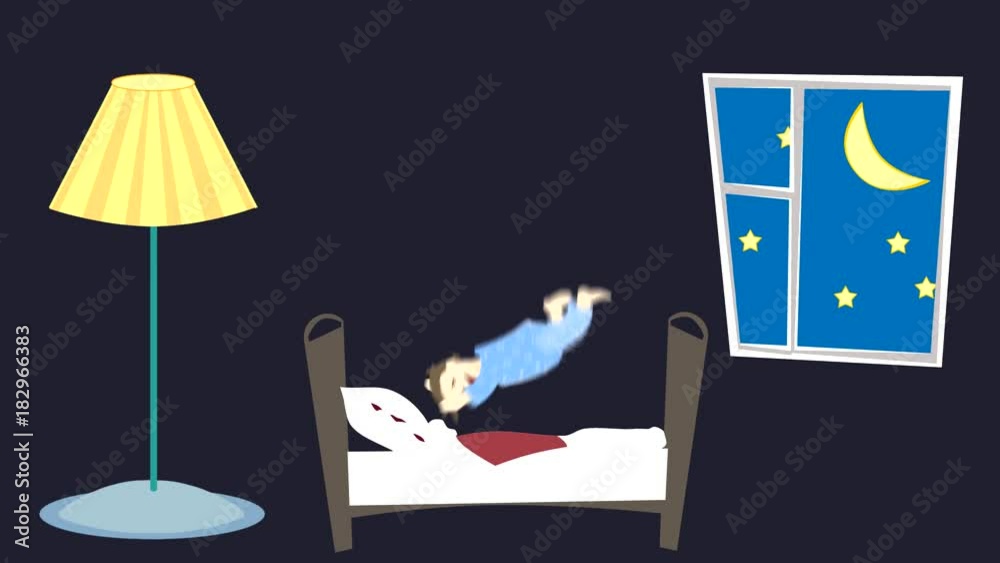 the boy jumps on the bed and wants to sleep.on the street the night ...