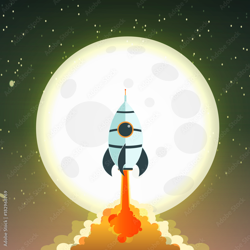 A cartoon flat rocket flies into space amid a large moon with craters ...