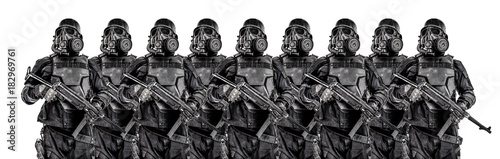 Line of futuristic nazi soldiers in gas mask and steel helmet with ...