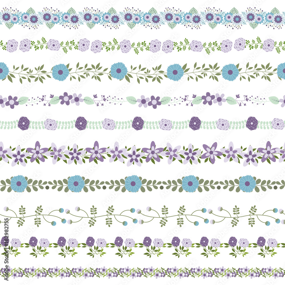 Elegant vector flower borders in violet, blue and green colors - could ...