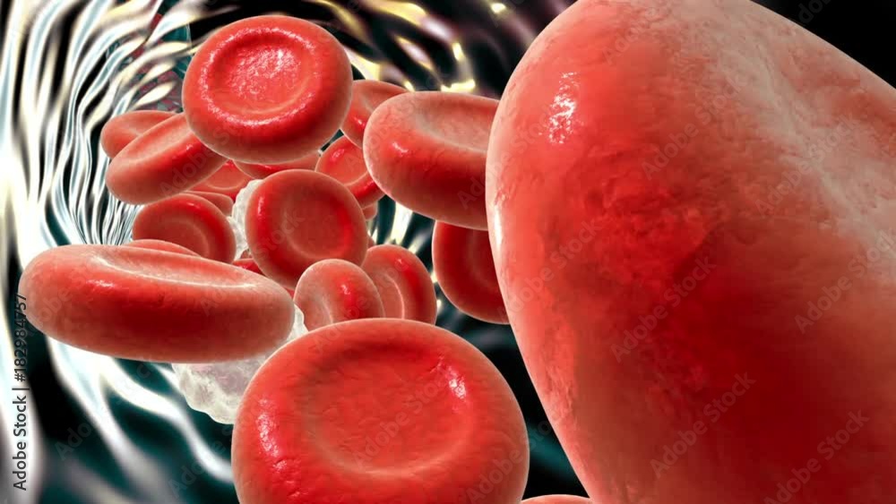 Blood flow, red blood cells and leukocytes moving along blood vessel ...