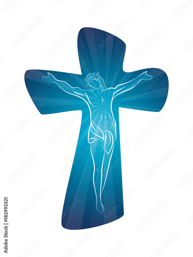 Christian cross with line art crucified jesus on blue background ...