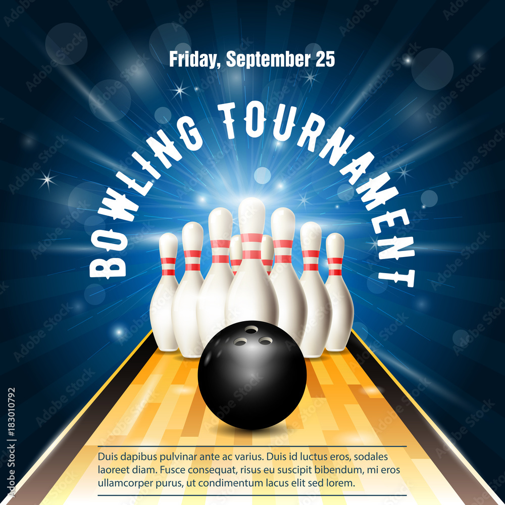 Bowling tournament flyer template with bowling court, skittles and ball ...