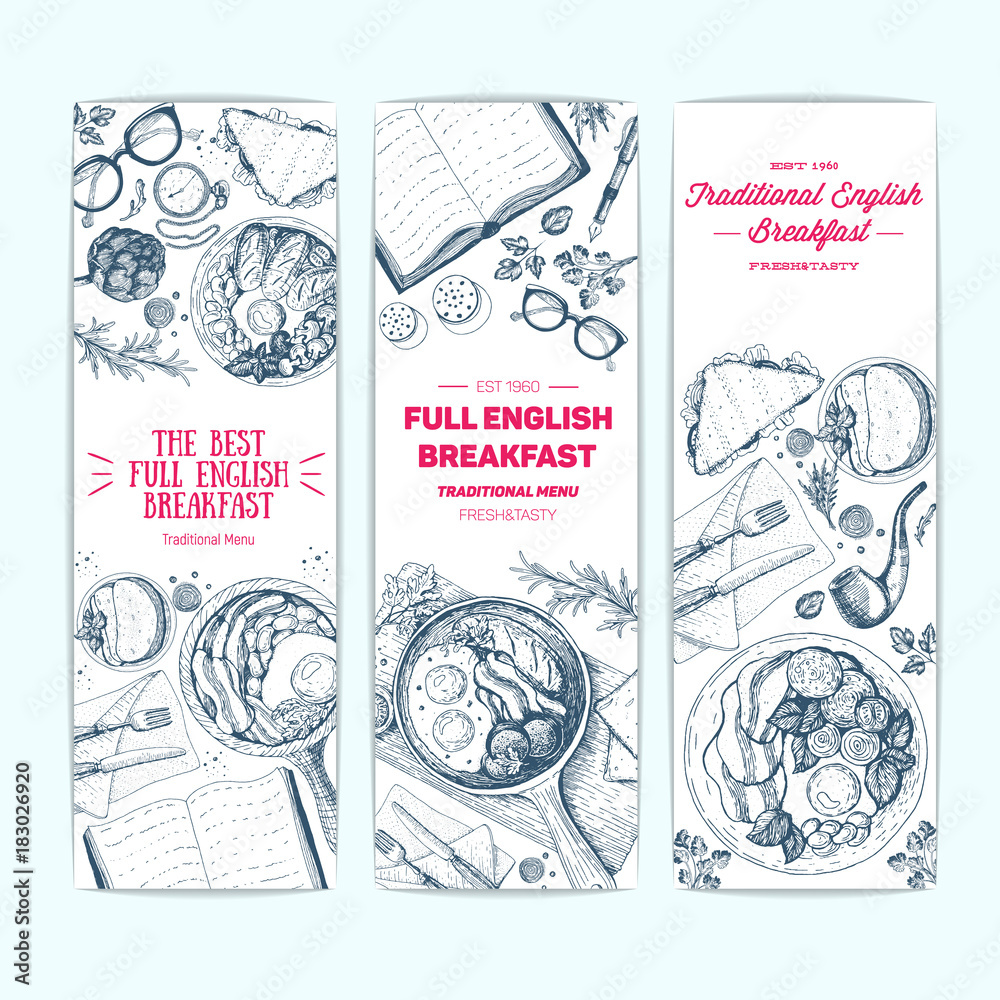 English breakfast vintage design template. Vertical banners set. Vector ...