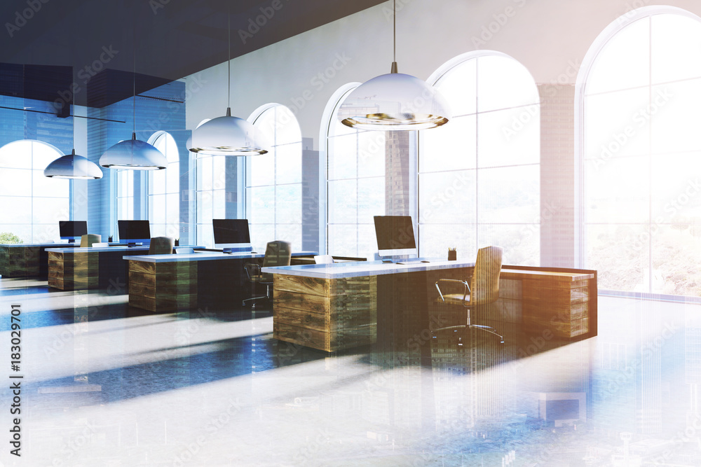 Nature style office interior, arch windows toned Stock Photo | Adobe Stock