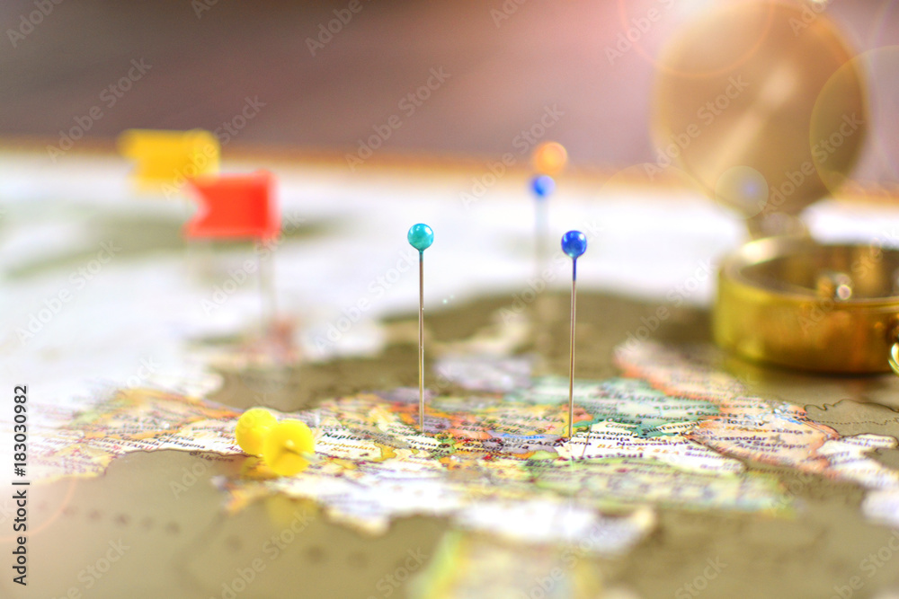 World map with elevations of control points. Travel concept and compass ...