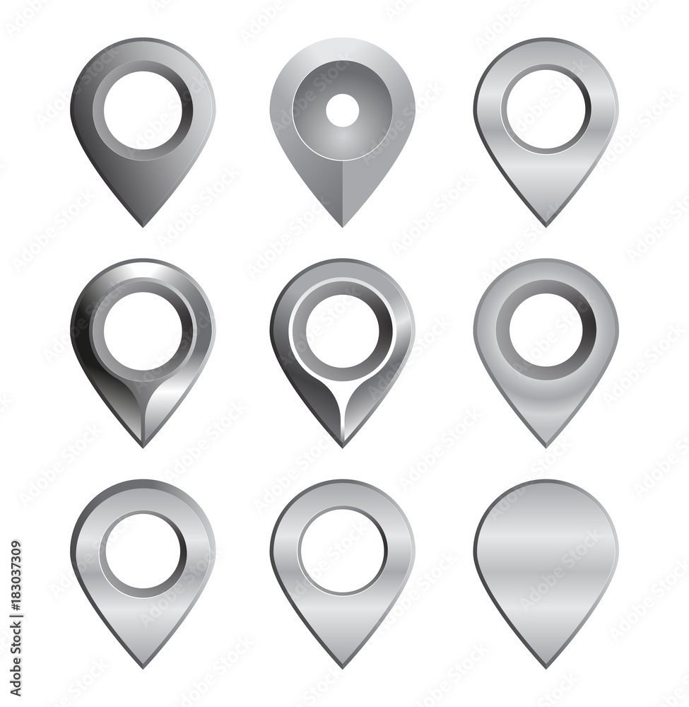 Metal Location Pins In Different Shapes. Vector Illustration Of A Set ...