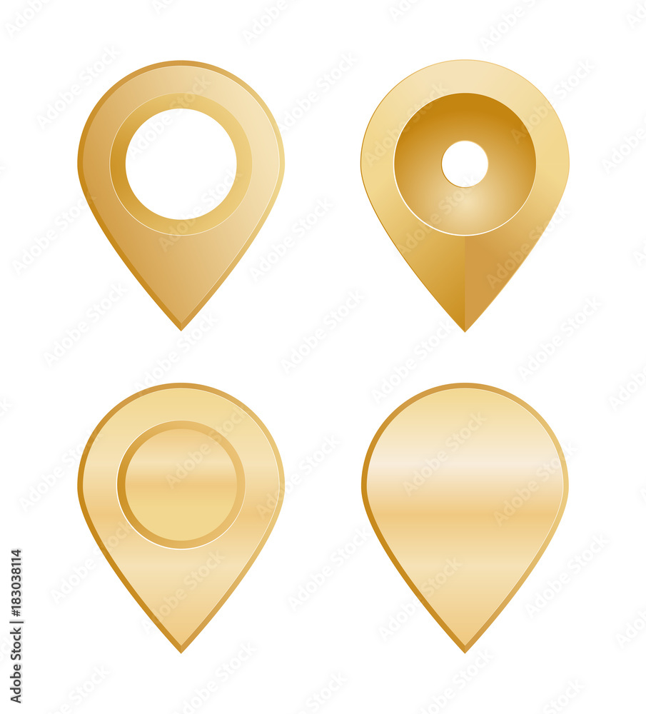 Gold Location Pins In Different Shapes. Vector Illustration Of A Set Of ...