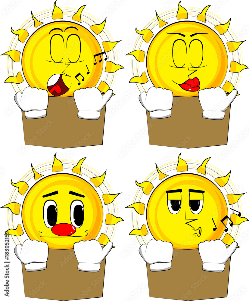 Cartoon sun reading book and hiding behind it. Collection with various ...
