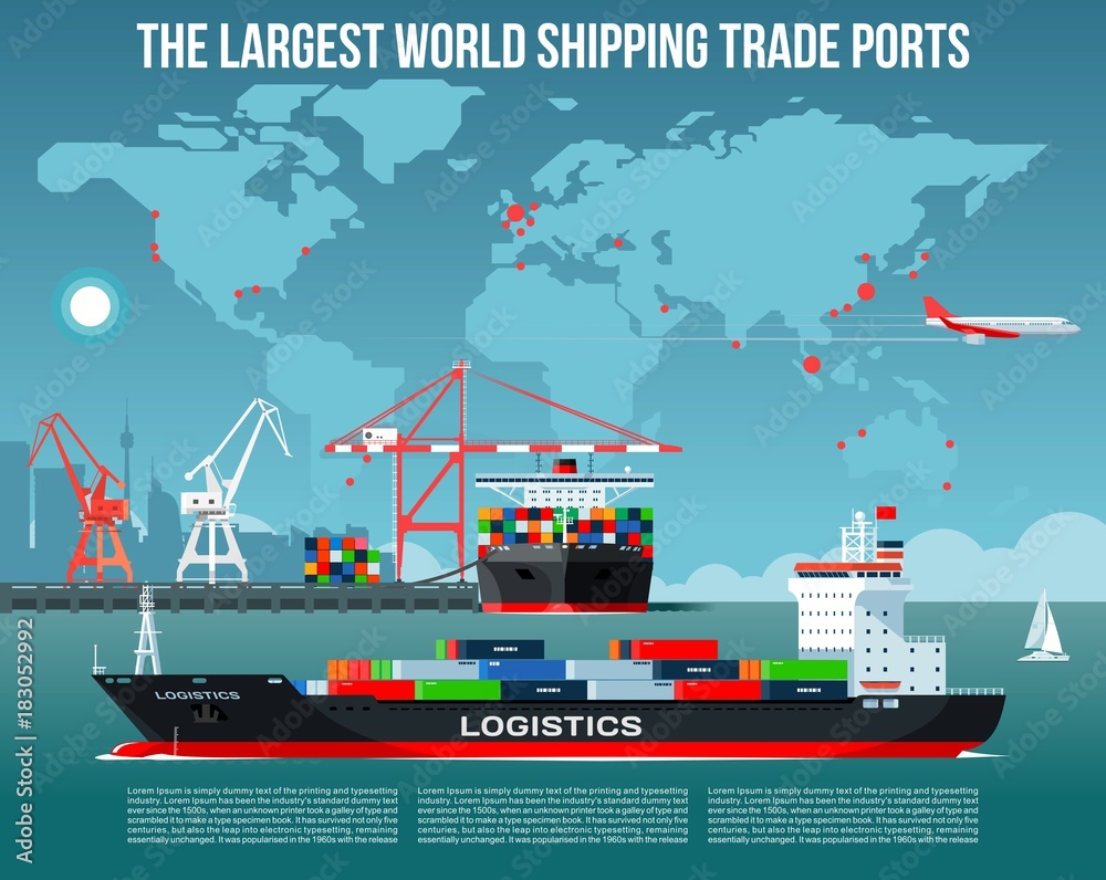 Cargo sea port with cargo freight ships & harbour port cranes also city ...