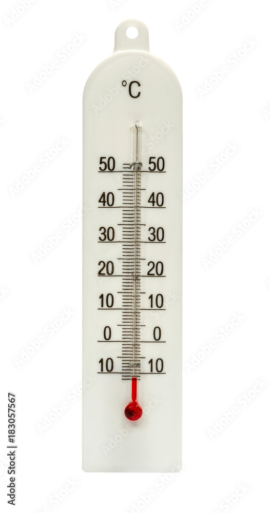 Atmospheric plastic thermometer isolated on white background. The ...