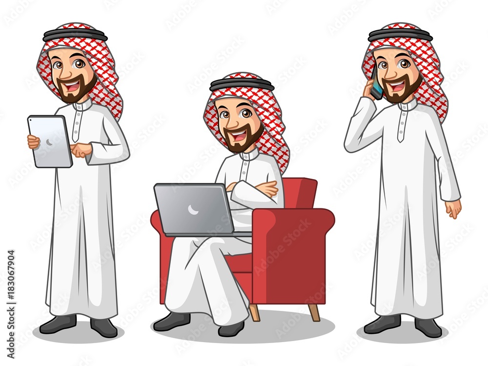 Set of businessman Saudi Arab man cartoon character design working on ...