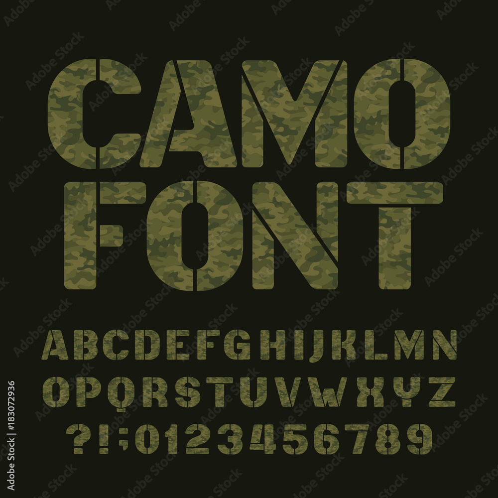Camo alphabet font. Type letters and numbers on a dark background ...