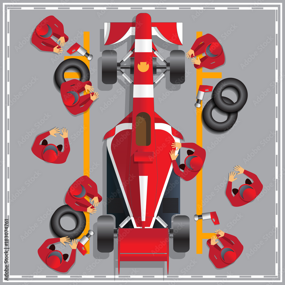 Maintenance of a racing car. View from above. Vector illustration ...