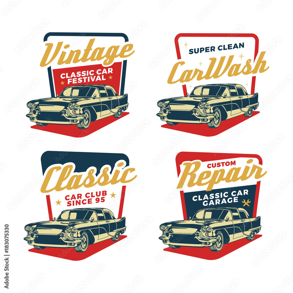Set of Colored Old Retro Style Vintage Classic Car Vector Logo, Badge ...