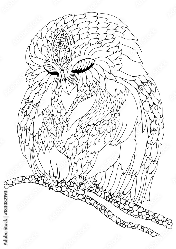 Sleeping owl. Hand drawn picture. Sketch for anti-stress adult coloring ...