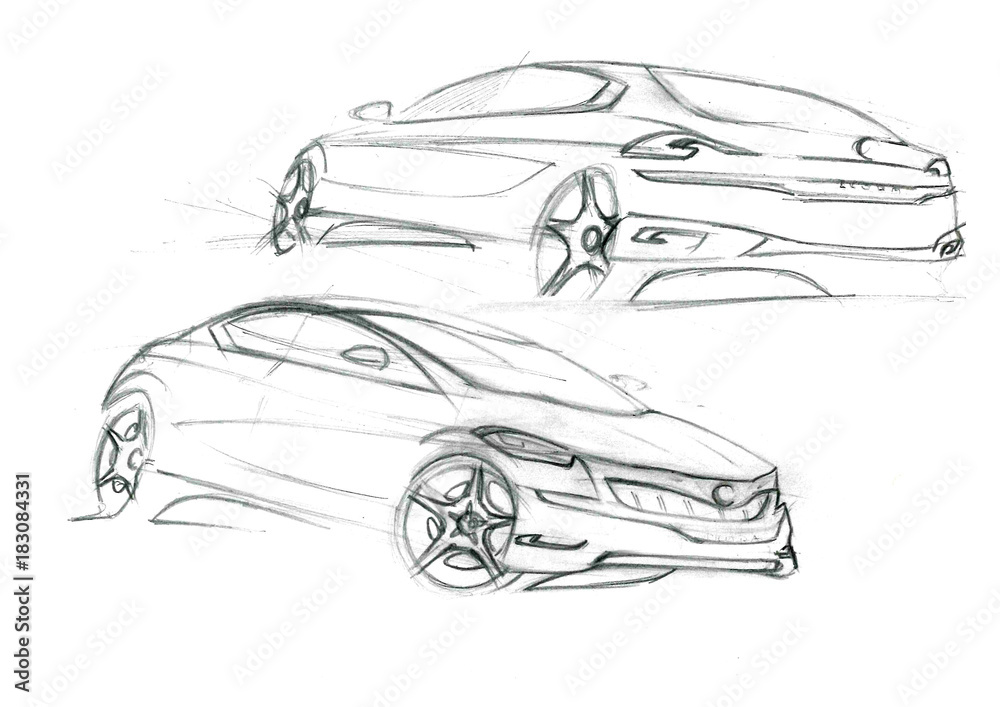 This is realistic painting sketch of sepia colour car. The car is ...