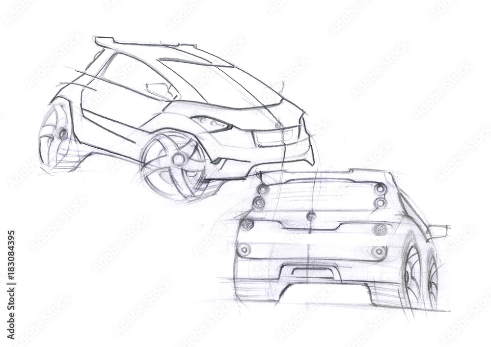 This is realistic painting sketch of sepia colour car. The car is ...