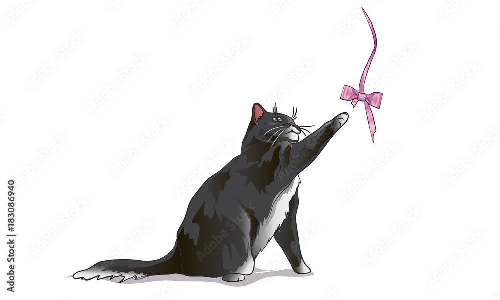 cute cartoon cat playing with bow. Stock Illustration | Adobe Stock