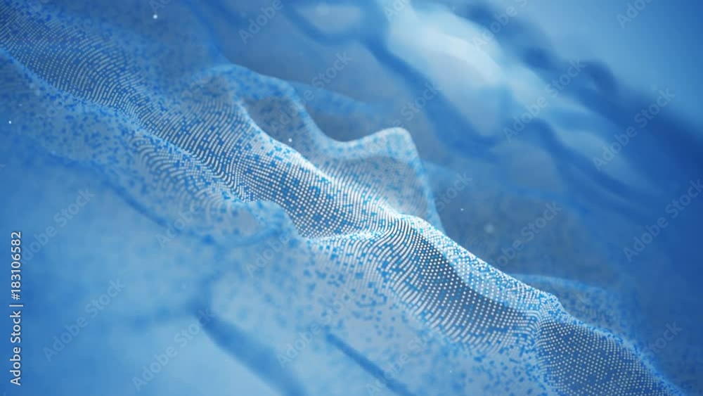 Chaotic surface of blue and white particles waving. Abstract science ...