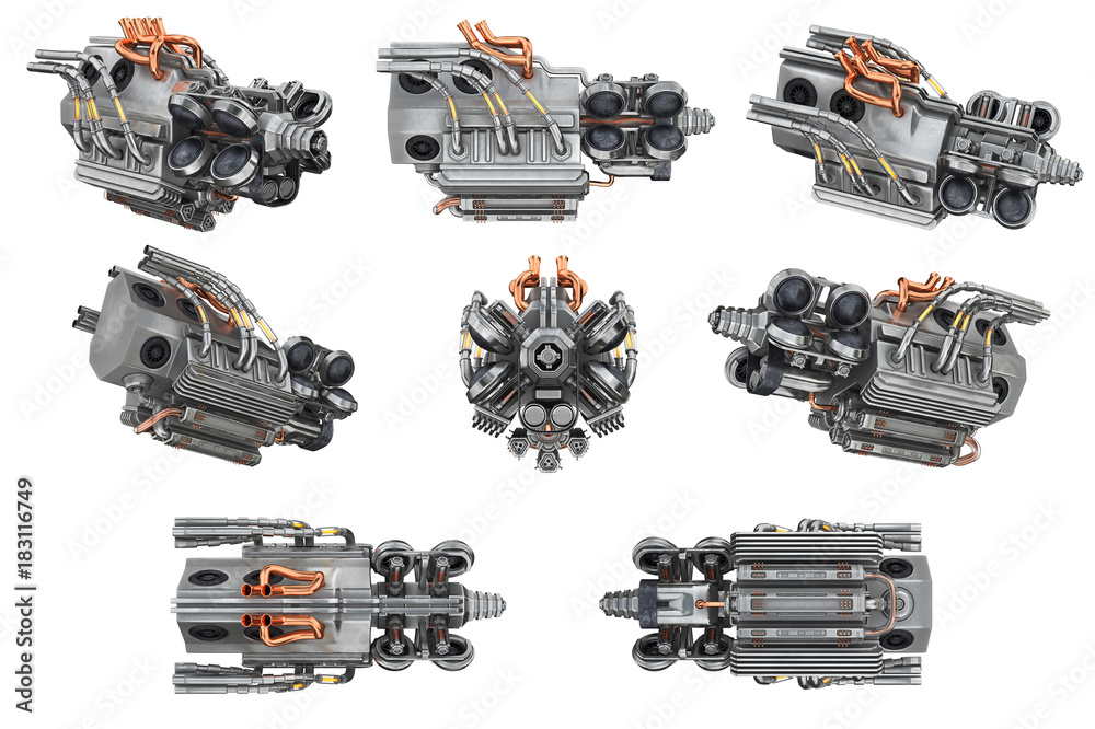 Sci-fi engine steel futuristic car set. 3D rendering Stock-Illustration ...