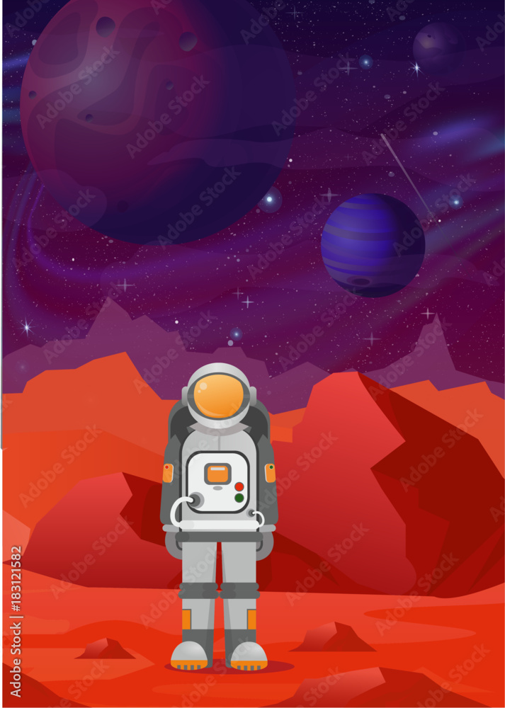 Vector illustrations of astronaut on Mars. red mountains landscape on ...