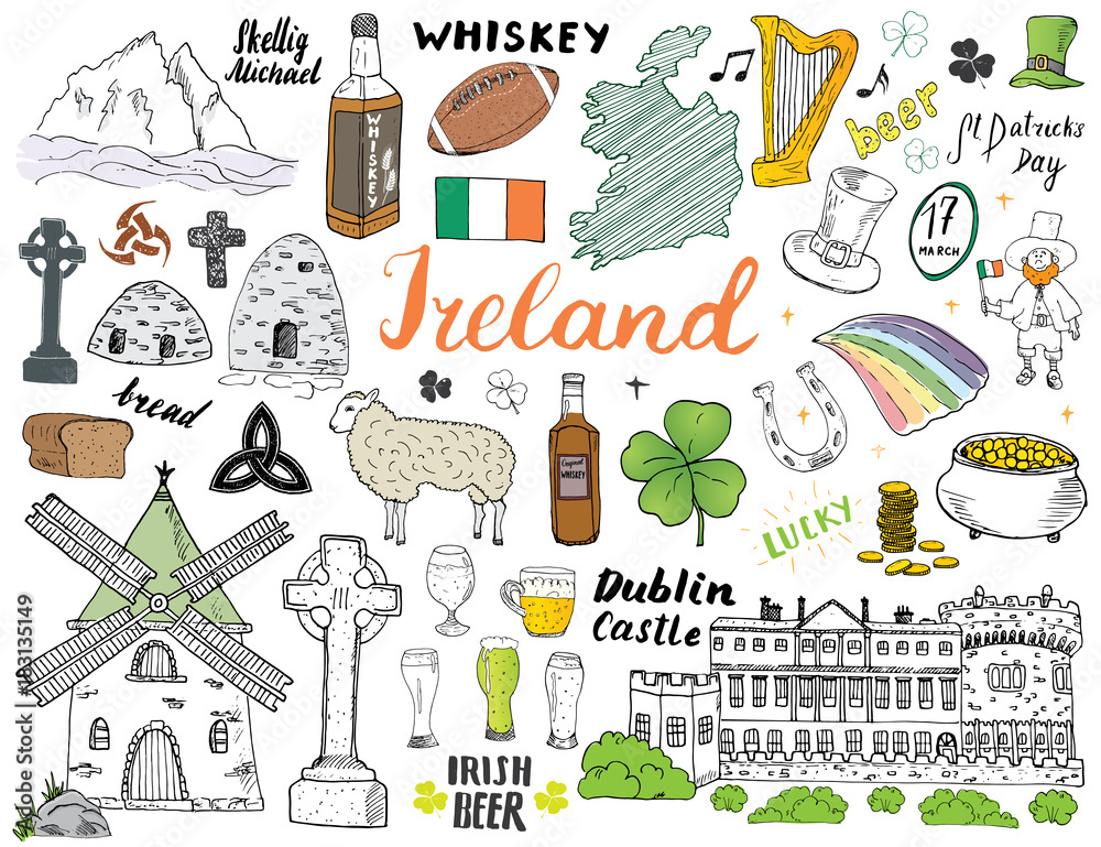 Ireland Sketch Doodles. Hand Drawn Irish Elements Set with flag and map ...
