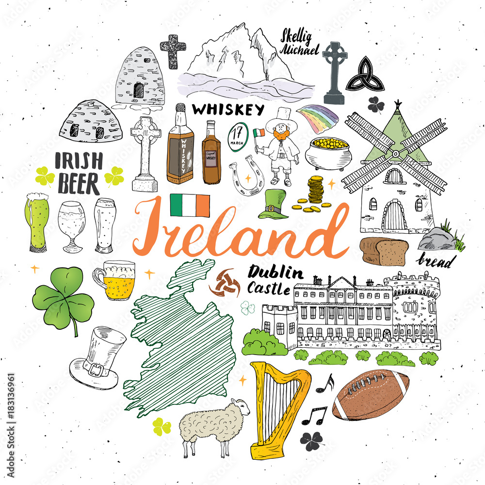 Ireland Sketch Doodles. Hand Drawn Irish Elements Set with flag and map ...