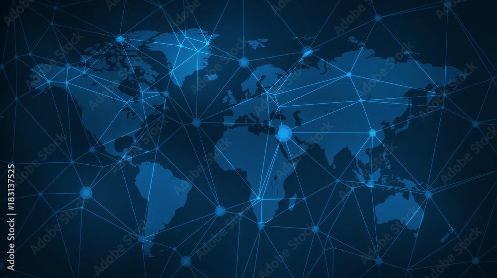 Blockchain technology futuristic hud background with world map and ...