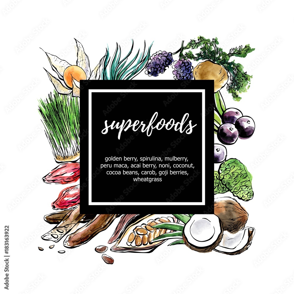 Hand drawn vector illustration Superfoods. Elements in square ...