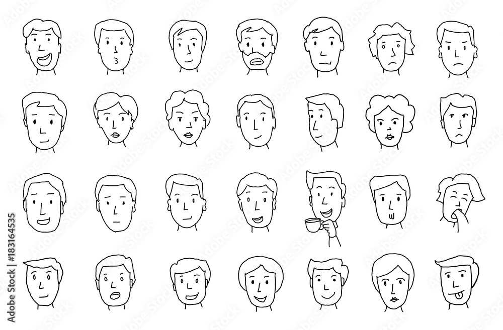 Set of peoples faces. Different emotions. Painted by hand. Lines in ...
