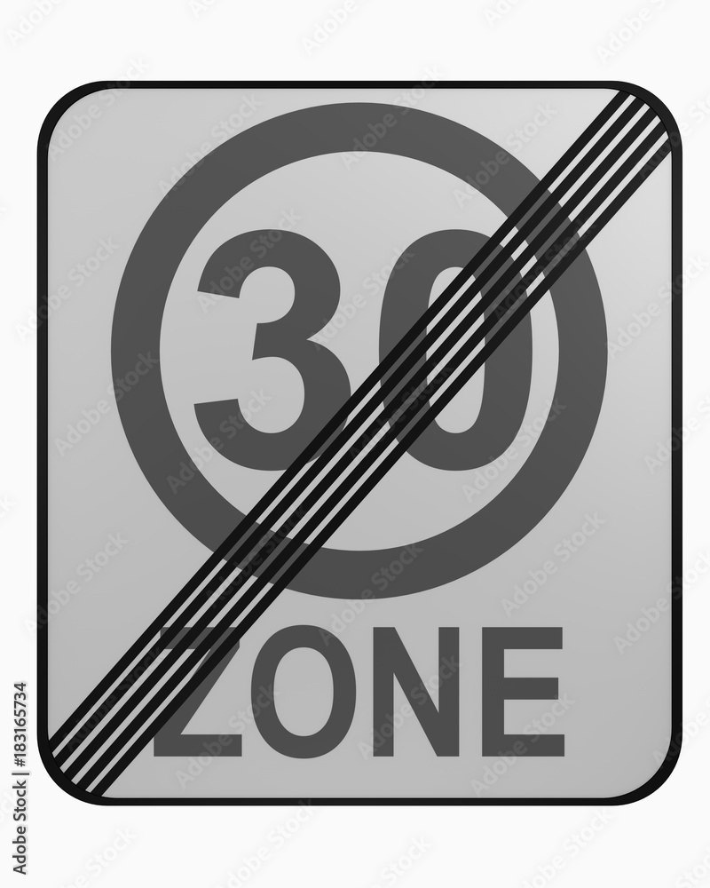 Deutsches Verkehrszeichen: tempo 30 Zone beendet, auf weiß isoliert ...