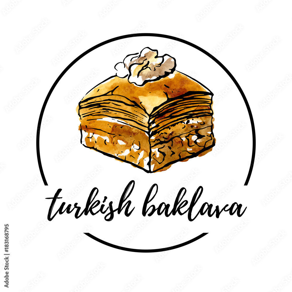 Vector illustration of turkish delight Baklava with walnut in circle ...