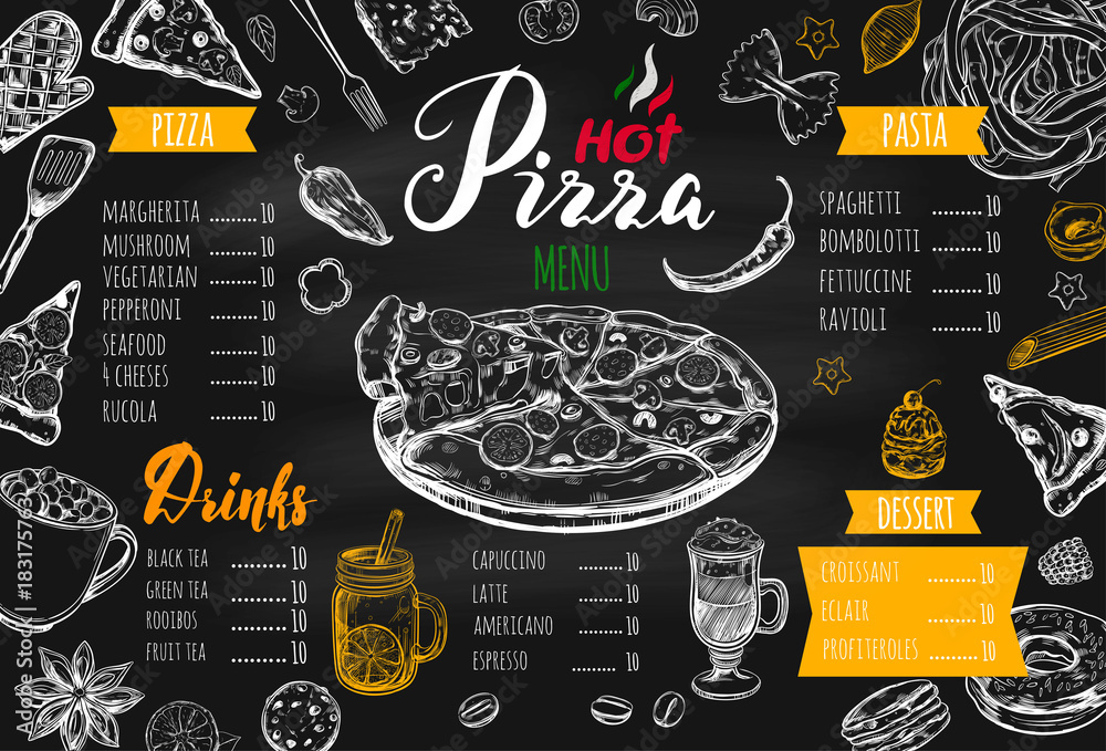 Italian food menu for restaurant and cafe. Pizza and Pasta vector ...