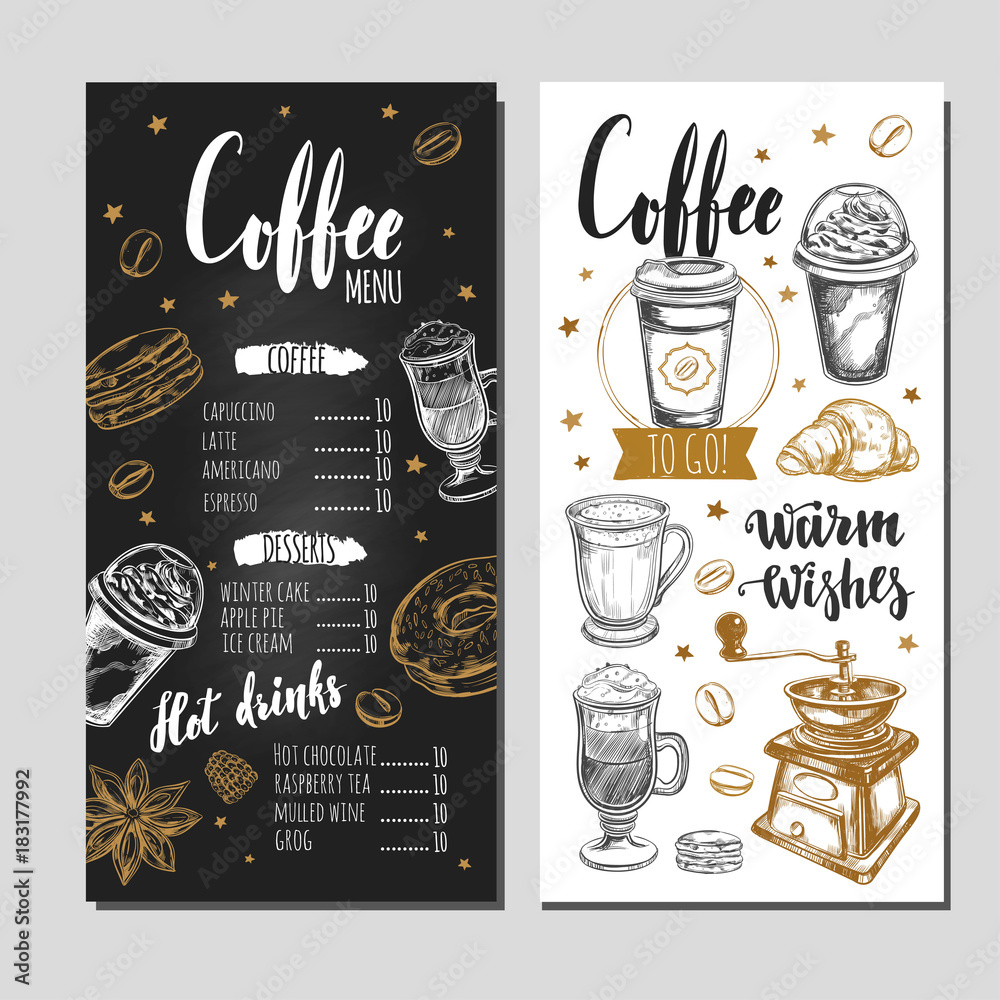 Coffee and Bakery restaurant Menu, brochure. Vector hand drawn template ...