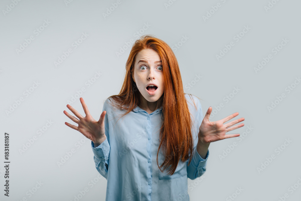 Human face expressions and emotions. Redhead young female with freckles ...