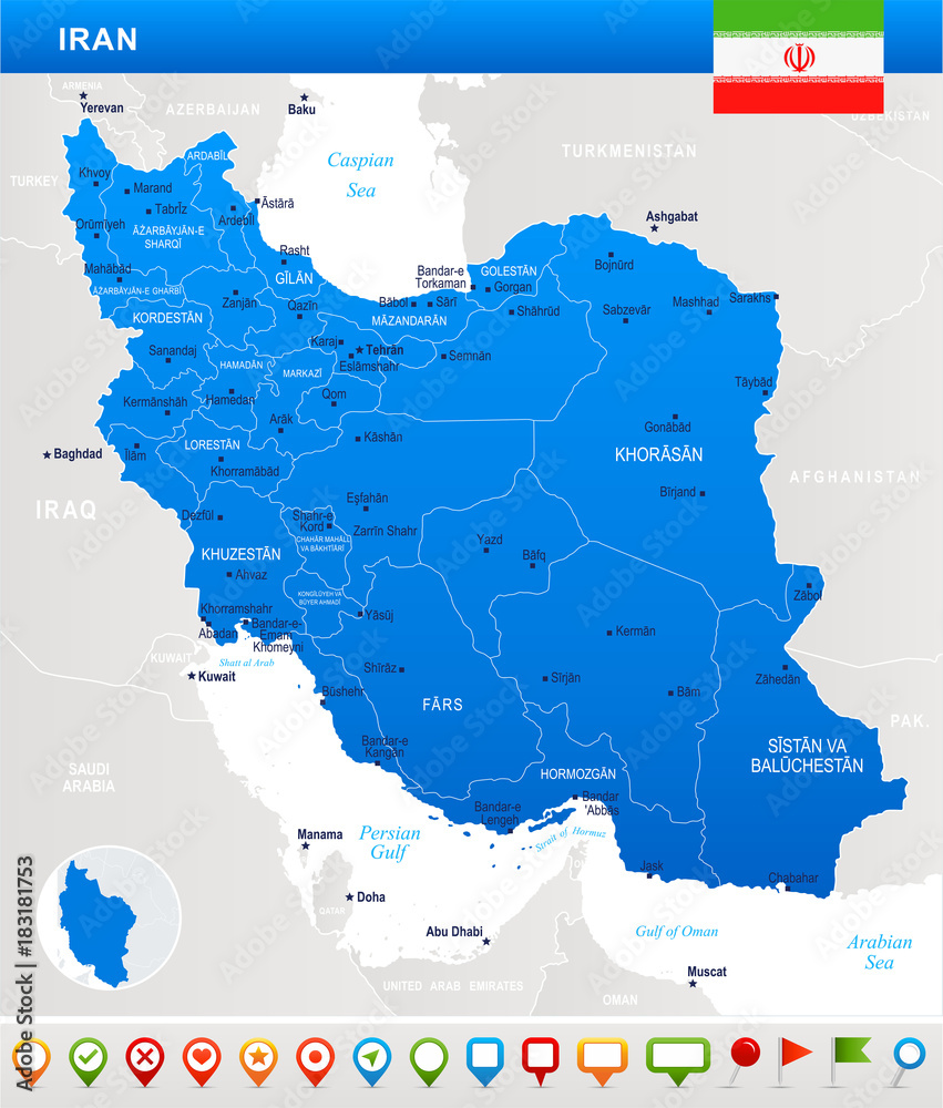 Iran - map, flag and navigation icons - Detailed Vector Illustration ...