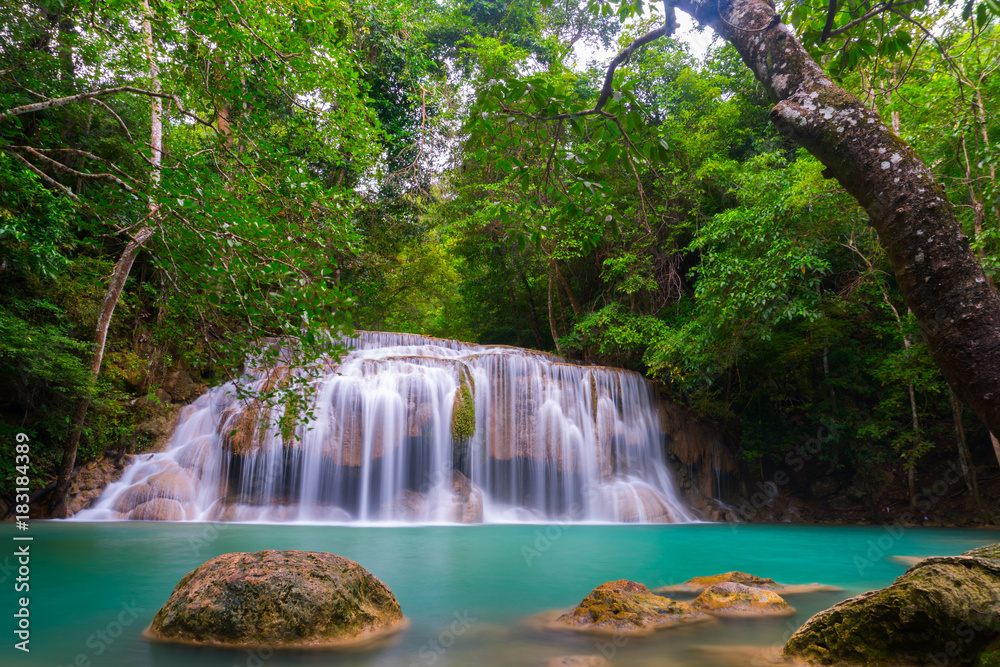 The beauty of limestone waterfall is popular with tourists. And famous ...