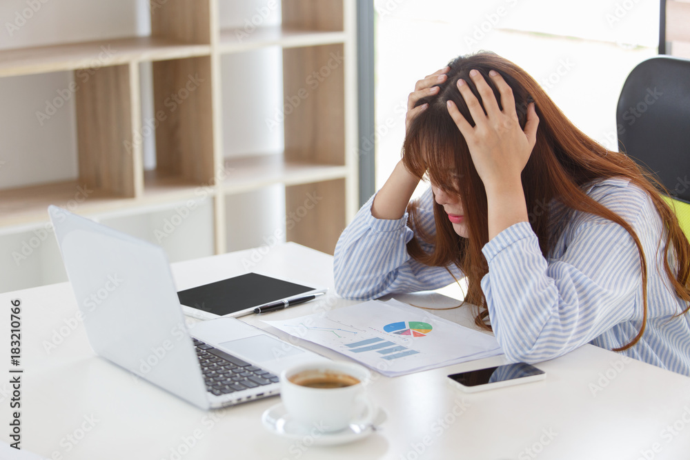 the women are stressed at work in the office. Asian beautiful women ...