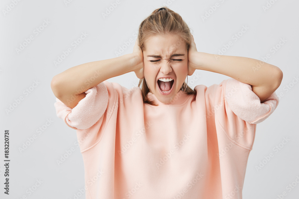 Shouting emotional in despair young caucasian woman, with open mouth ...