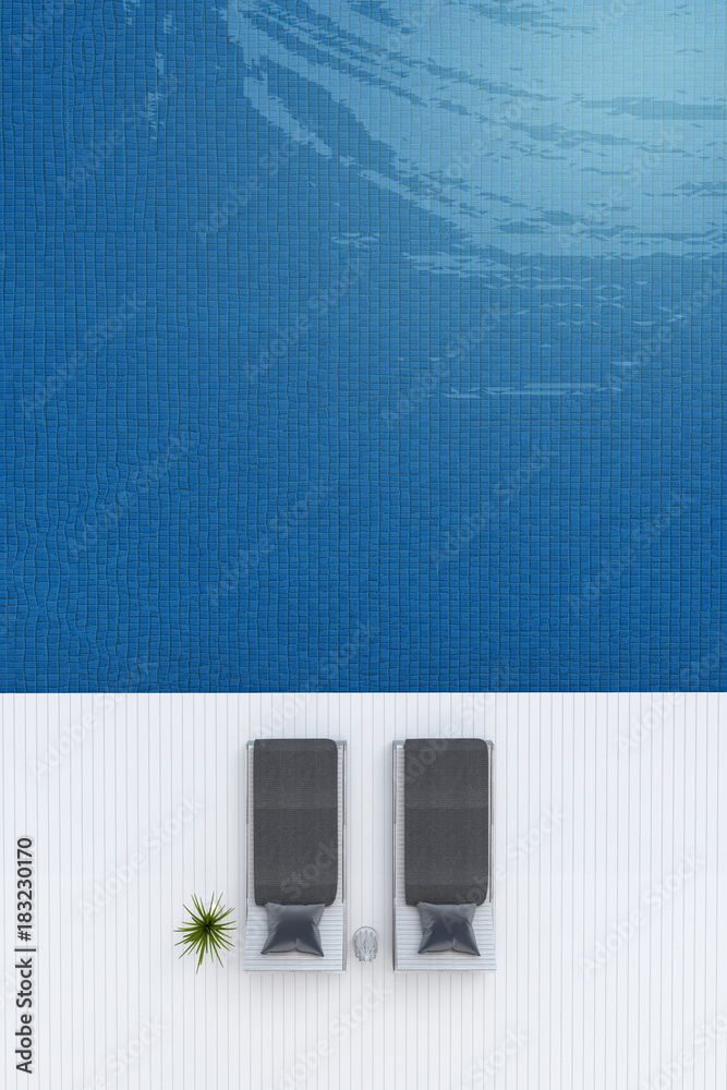 3D rendering : illustration top view of a Beach lounge. sun loungers on ...