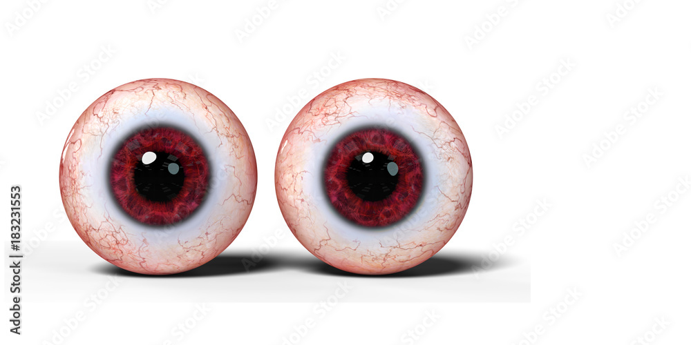 two realistic human eyes with red iris, isolated with shadow on white ...