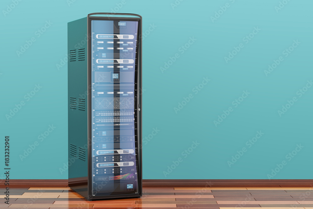 Computer Server Rack in room on the wooden floor, 3D rendering Stock ...