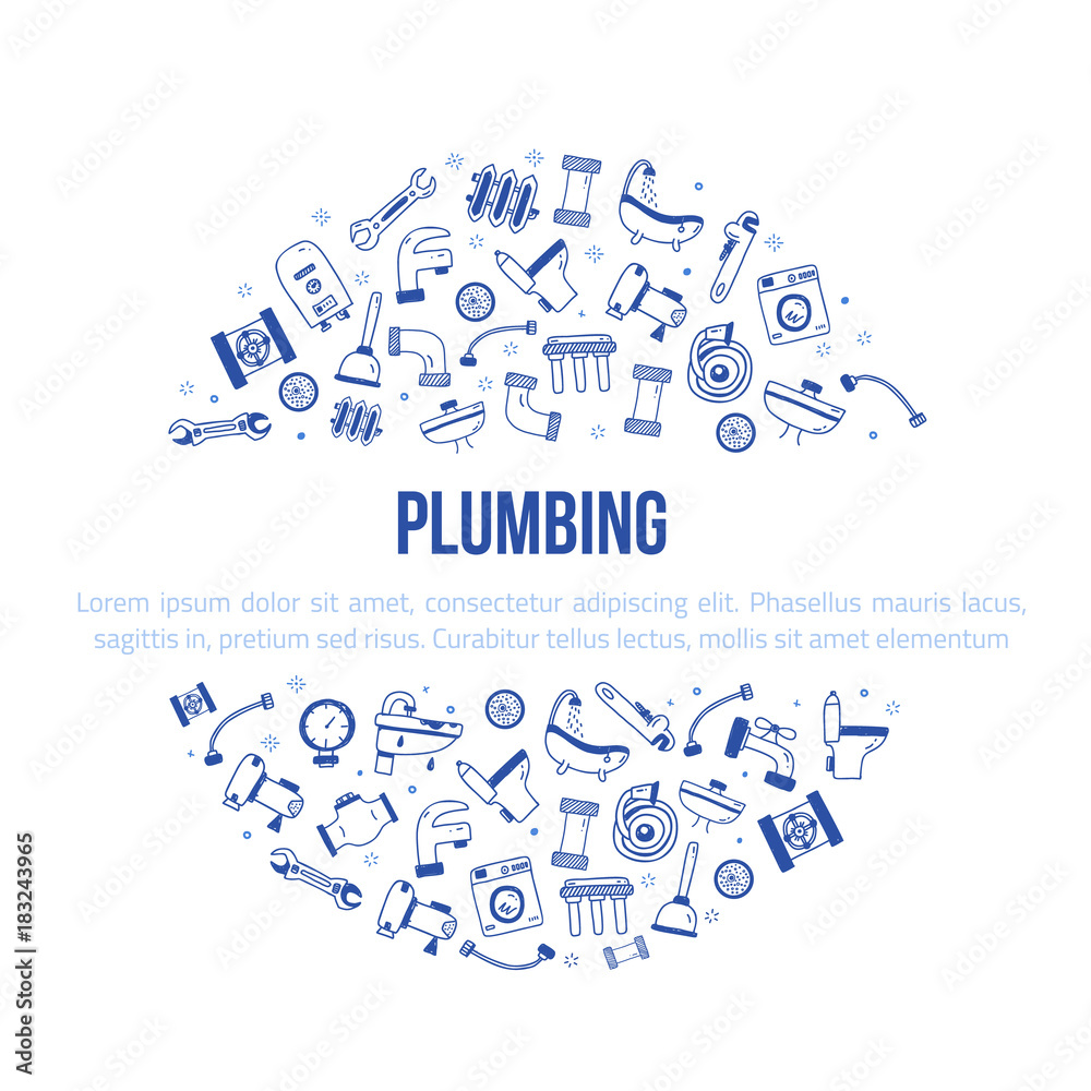 plumbing service banner in circle shape in doodle hand drawn style ...