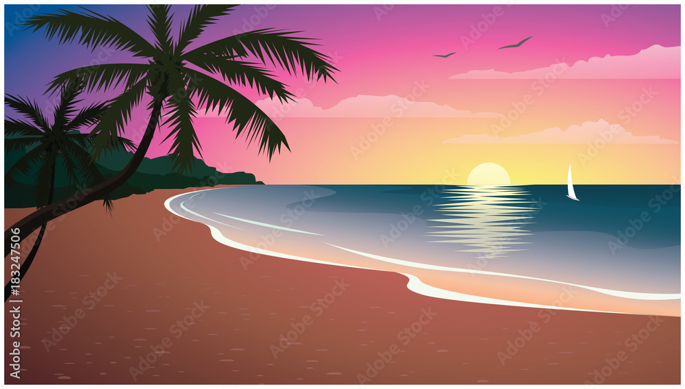 Vector illustration with sunset beach Stock Vector | Adobe Stock