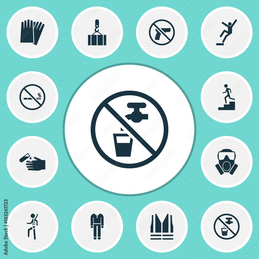 Safety icons set with no weapon, lifting, fall hazard and other no ...