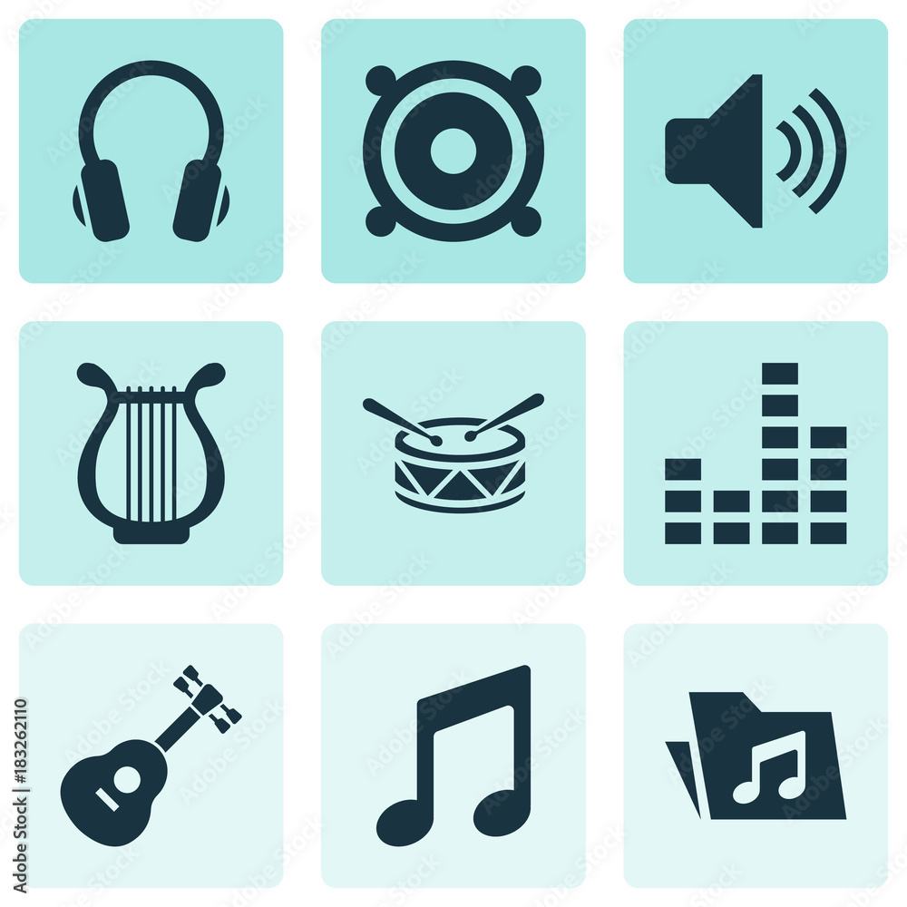 Audio icons set with dossier, instrument, equalizer and other equalizer ...